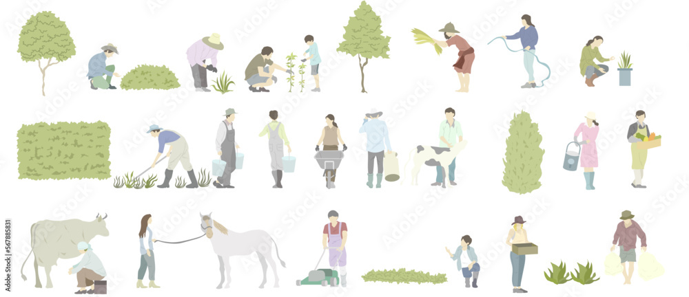 Elevated vector illustration of people with farming and field ...