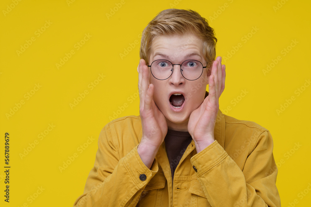 Scary Movie Concept. A Young European Actor Demonstrates a scene from a ...