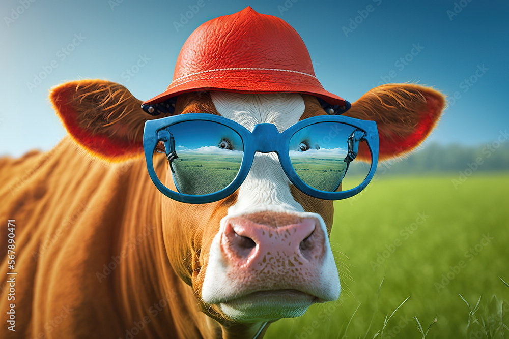 Funny cow with sunglasses and red hat in front of a green field ...