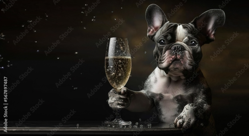 French bulldog know as a Frenchie dog is sitting at the table with a ...