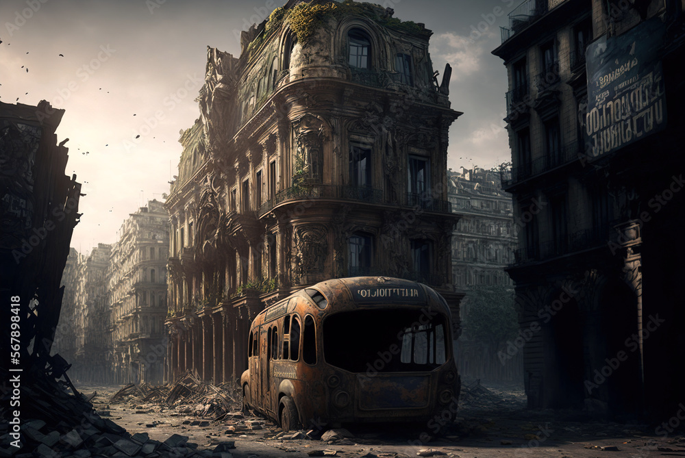 Post apocalypse in destroyed city, apocalyptic view of after world war ...