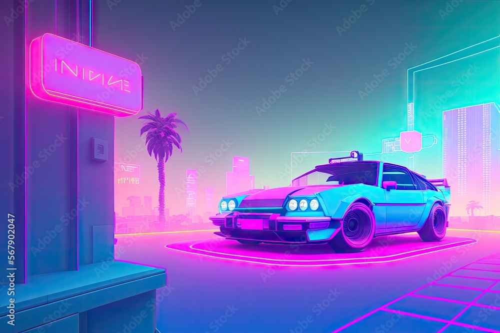 80s retro futuristic drive, vintage car. Synthwave sci-fi landscape ...