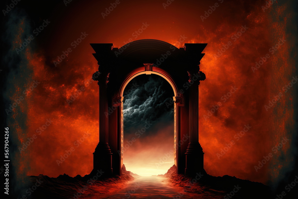Dramatic religious background with a blazing doorway in a dark red sky ...