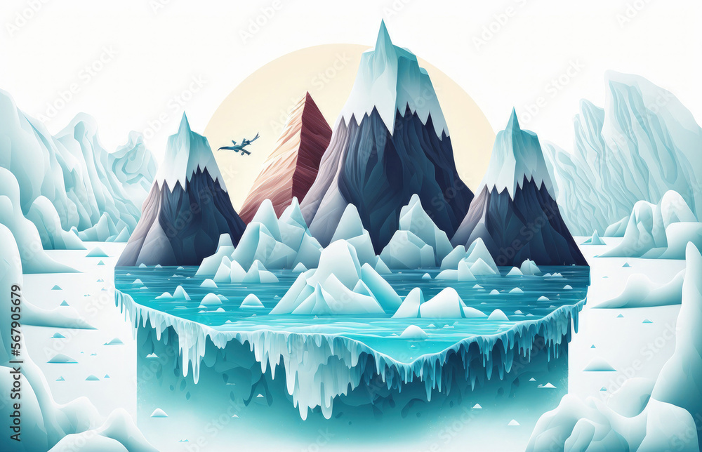 Ice stage drifting over the water in a glacier picture. A white ...