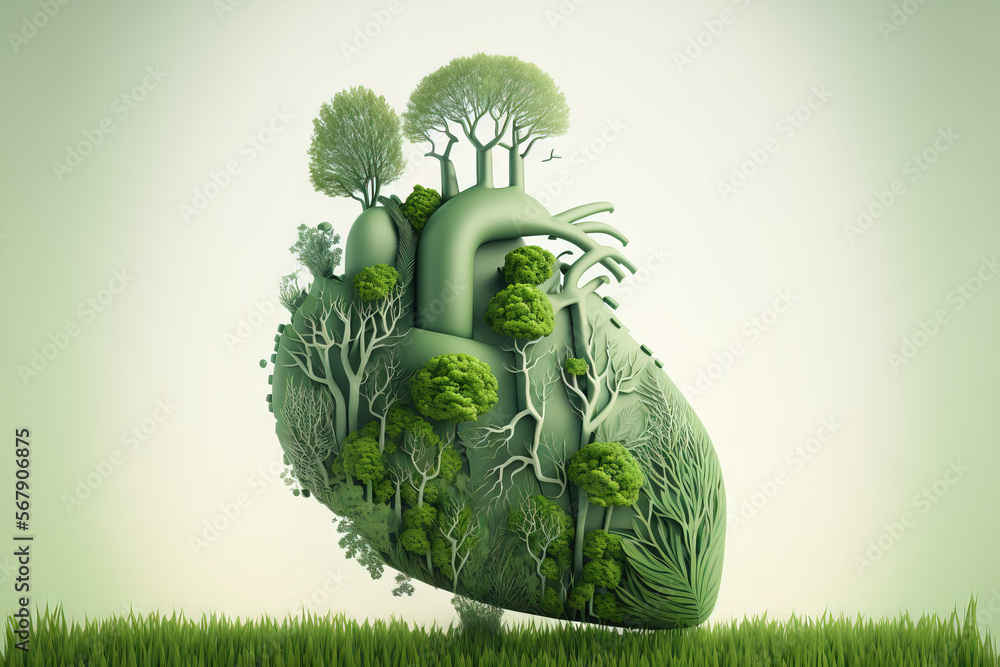 Conceptual illustration of green trees and grass with human heart ...