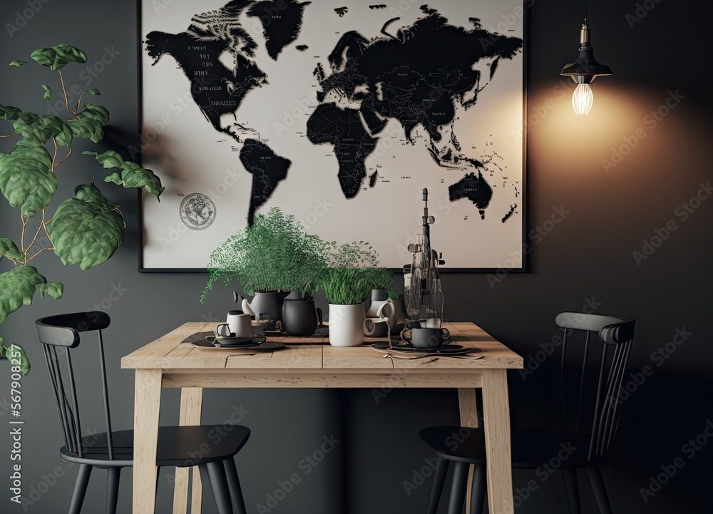 Interior of a modern, stylish dining area featuring a mock up map in ...