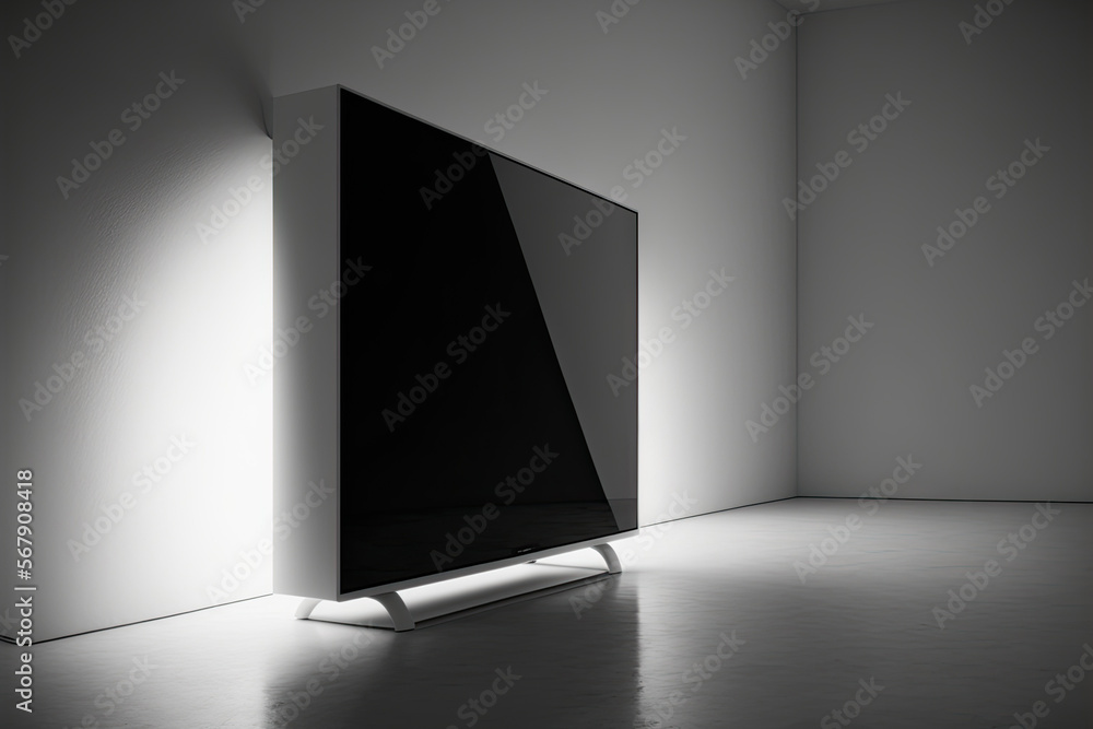 Blank white interior of a huge TV in the dark mockup, side view. mock ...