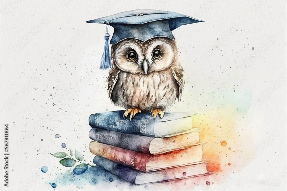 Owl with the graduation cap on a stack of books watercolor, Generative ...