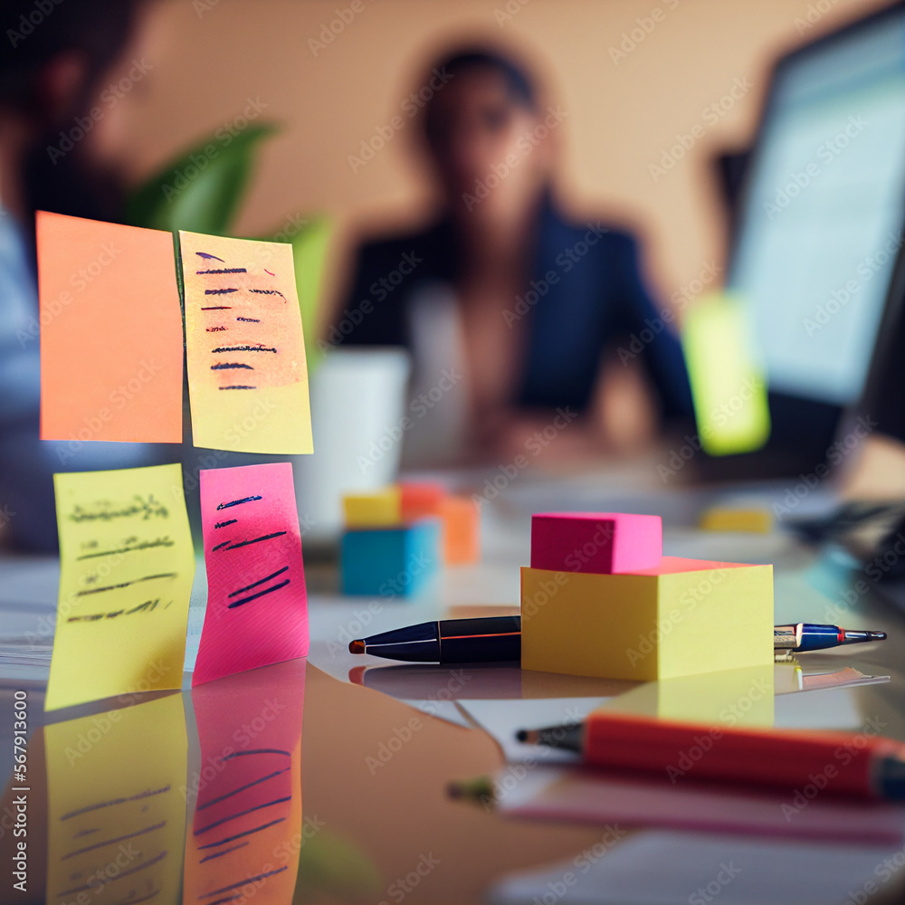 Business people in meeting brainstorming and discussing post it notes ...