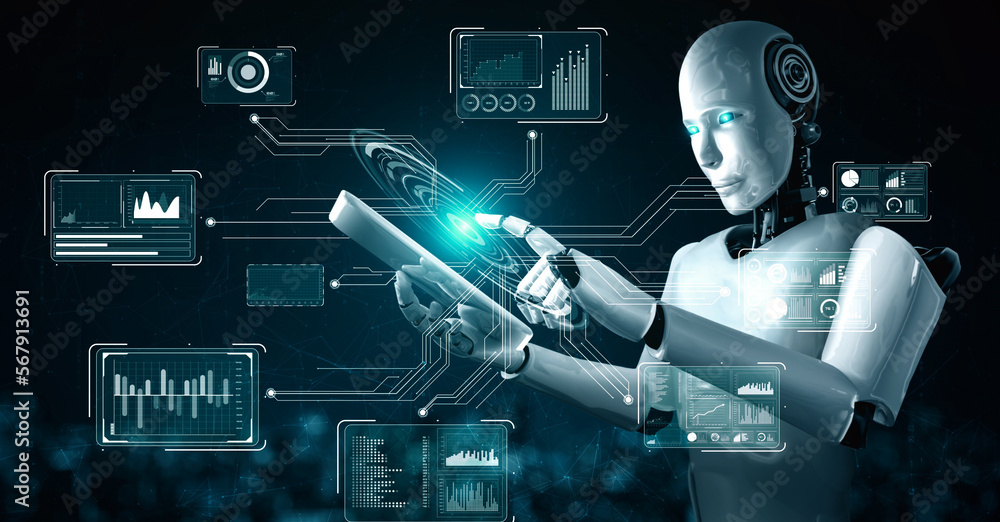 Robot hominoid using tablet computer for big data analytic using AI thinking brain , artificial ...
