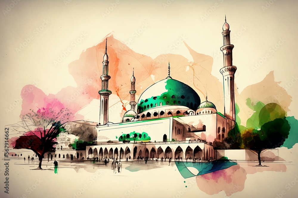 Poster Masjid e Nababi, Madina, brush stroke, watercolor, highlighter, very colorful, i – Wall ...