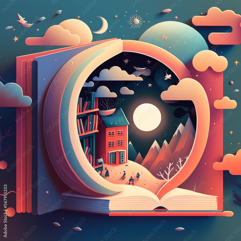 Flat design cartoon World Book Day illustration. Open book with stories ...