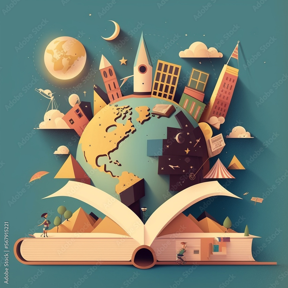 Flat design cartoon World Book Day illustration. Open book with stories ...