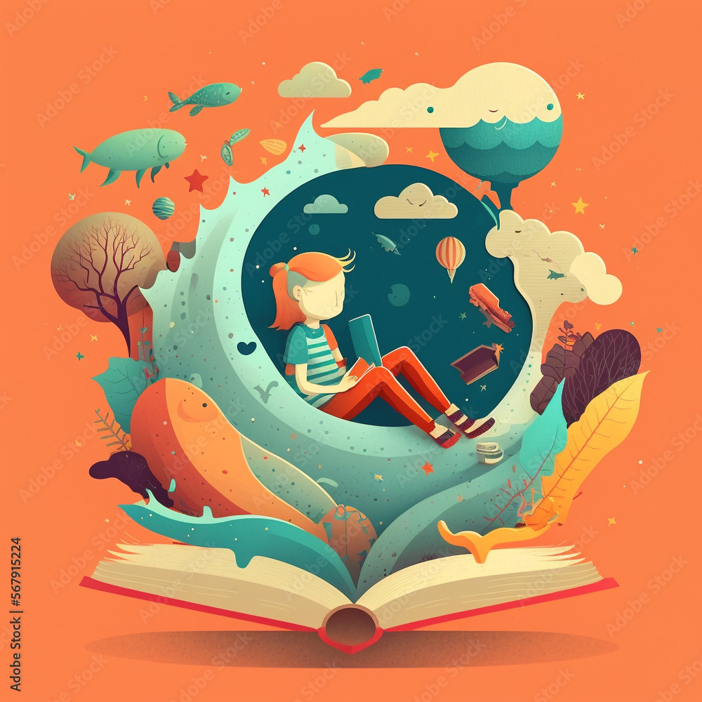 Flat design cartoon World Book Day illustration. Open book with stories ...