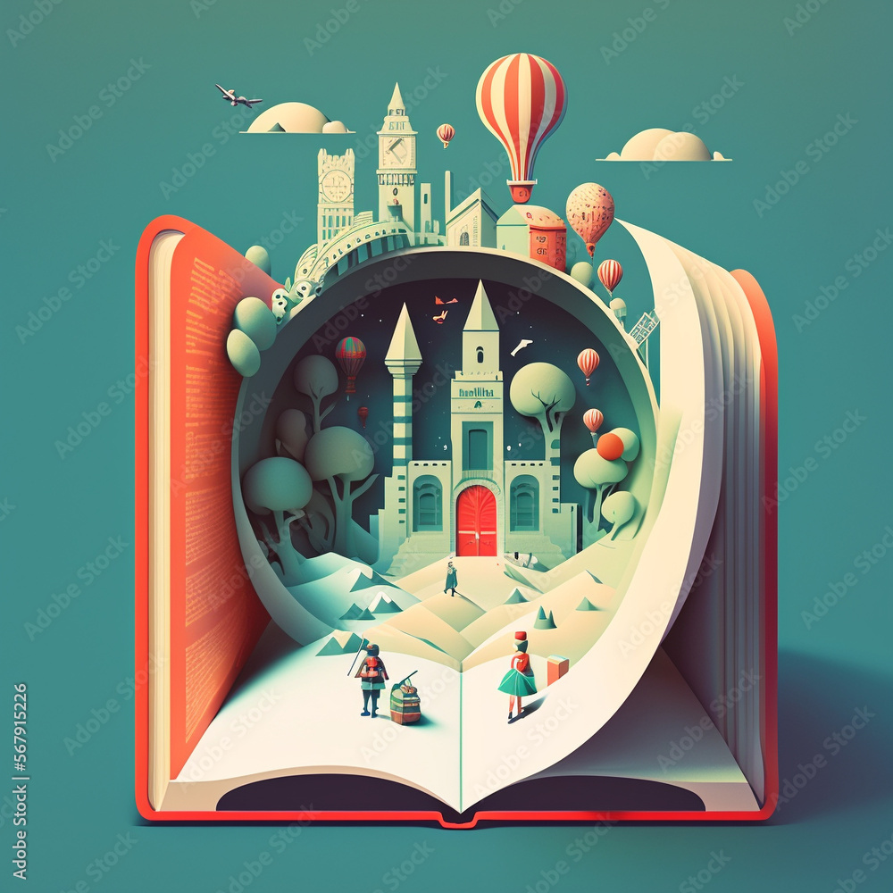 Flat design cartoon World Book Day illustration. Open book with stories ...
