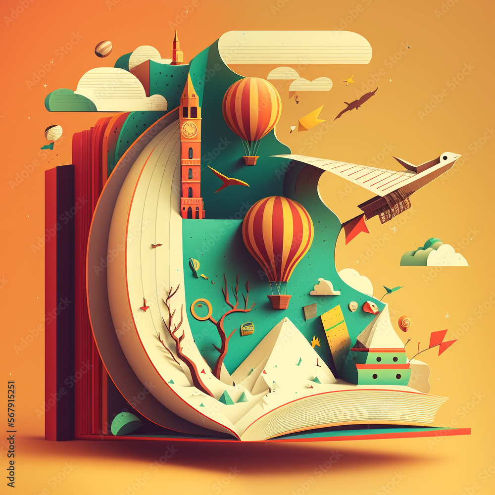 Flat design cartoon World Book Day illustration. Open book with stories ...