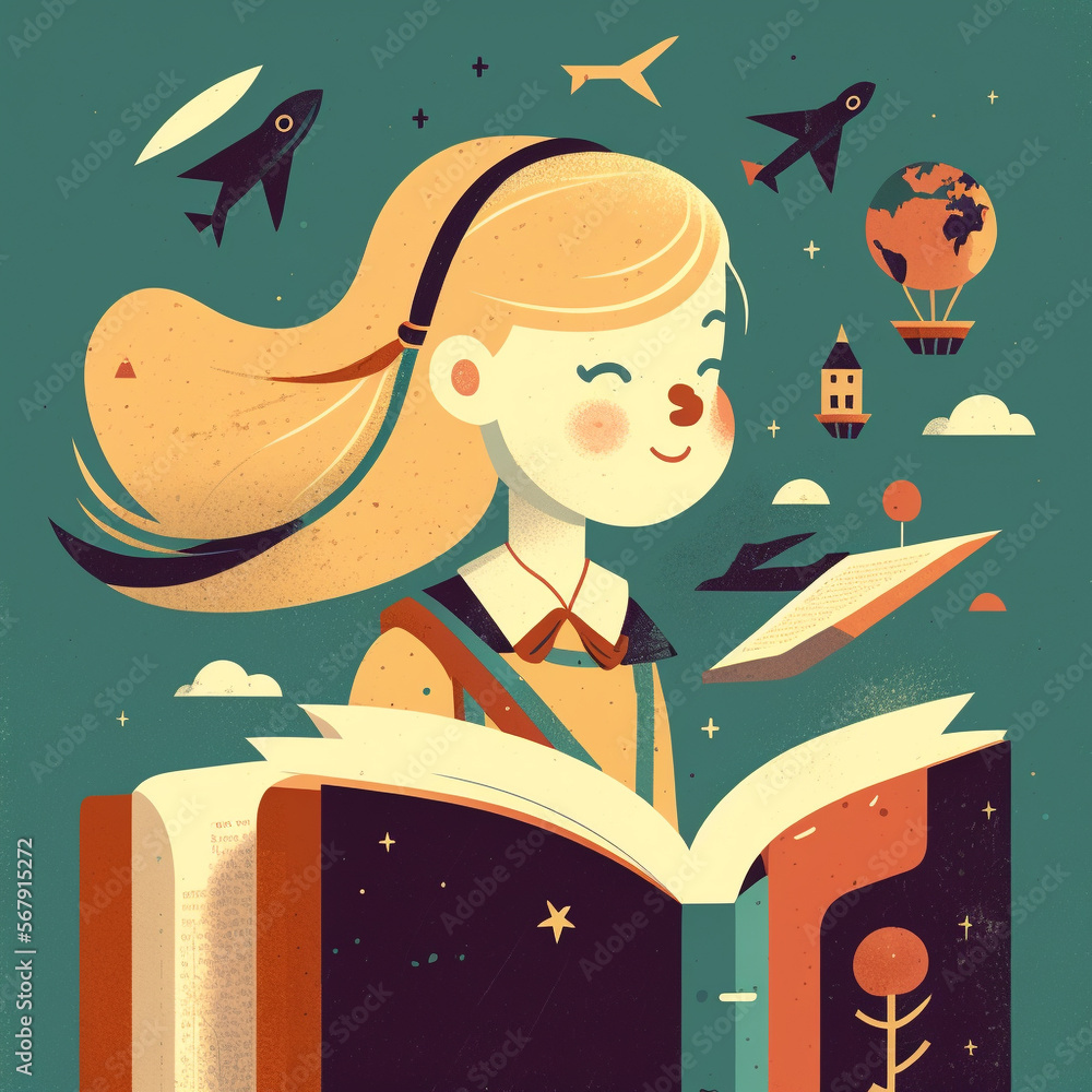 Flat design cartoon World Book Day illustration. Open book with stories ...