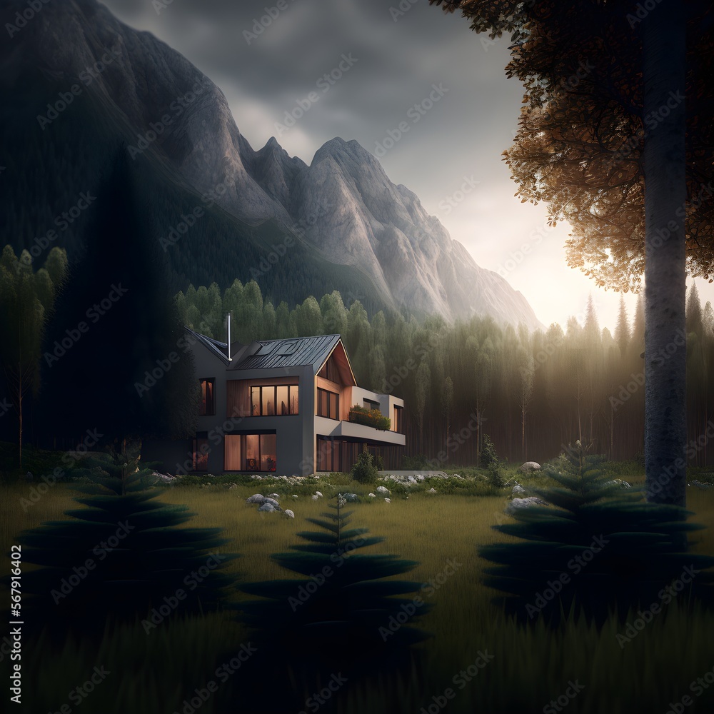 house huge land nature mountains trees 8k 3d render realistic cinematic ...