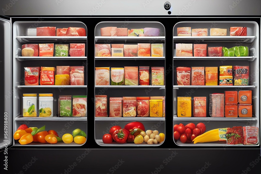 Refrigerator thermometer with colorful food in cold storage unit ...