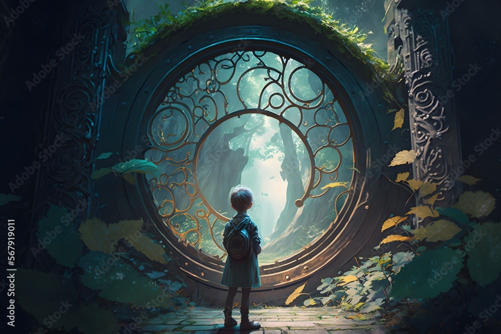 child standing in front of portal created using Generative AI ...