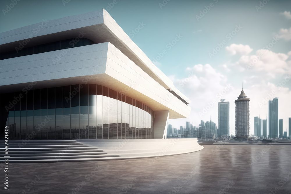 Modern architecture building design with empty concrete floor and urban ...