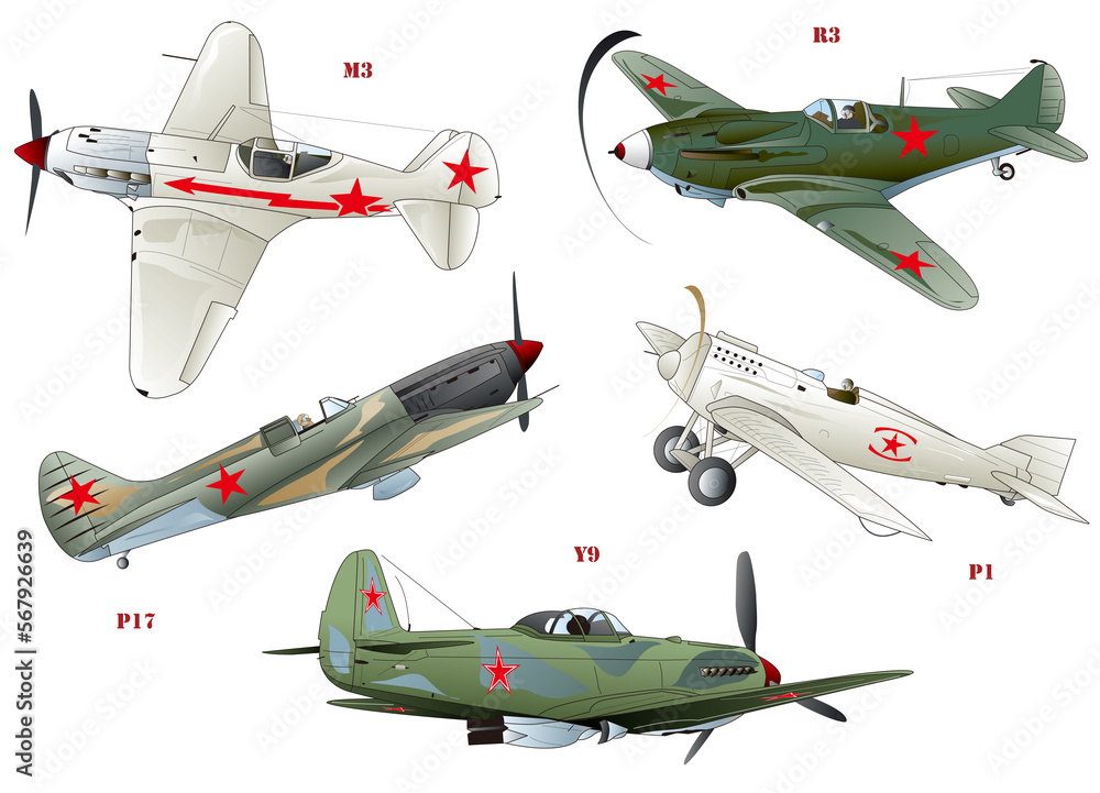5 types of Russian single engine propeller war fighter illustration ...