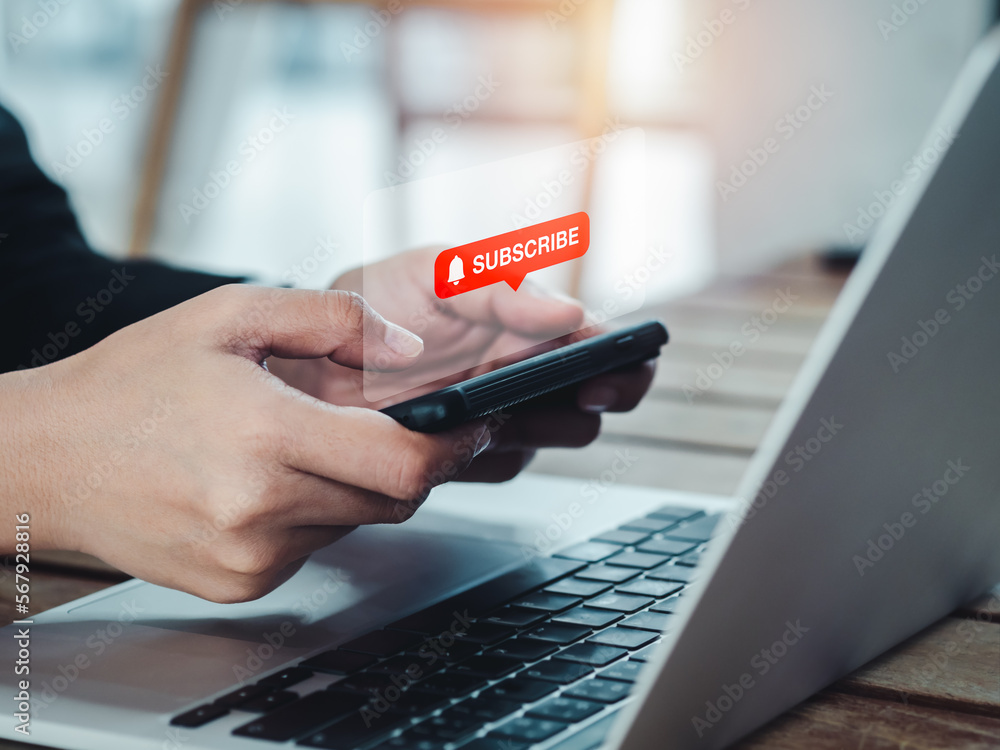 Subscription concept. Red subscribe button with bell icon appear on ...