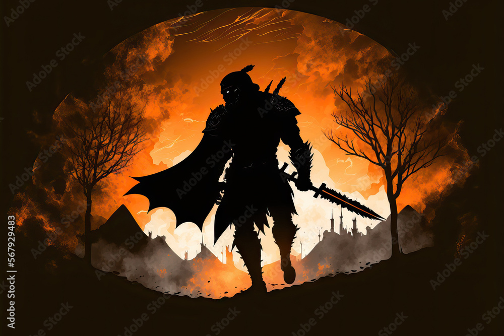 Silhouette of an Orc charging at a knight with a shield and a sword in ...