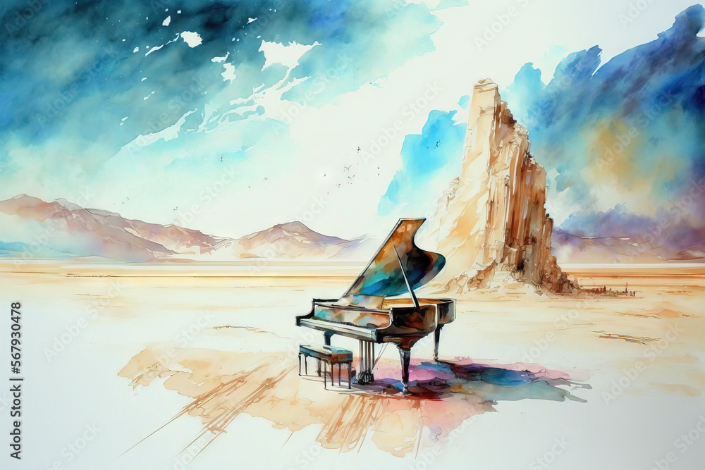 In the bizarre desert landscape, sky, and cloud, a classical piano ...