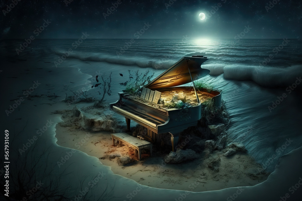 Beach piano playing. a piano playing in the nighttime wilderness. Art ...