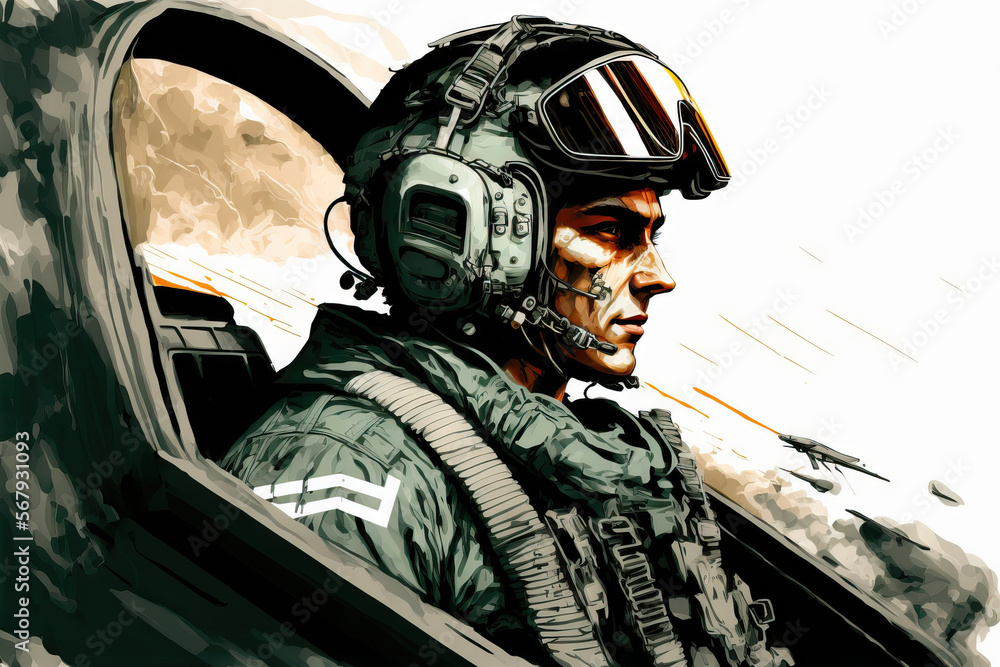 In the fighter is a pilot. Overview of an aircraft fighter cockpit. a ...