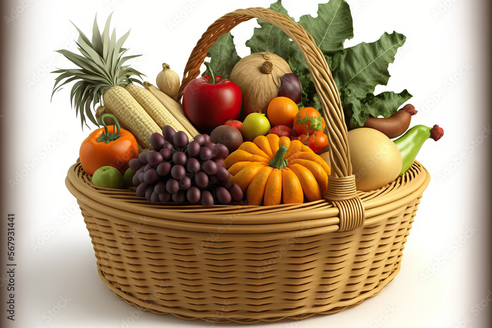 Vegetables and fruits of several organic varieties in a wicker basket ...