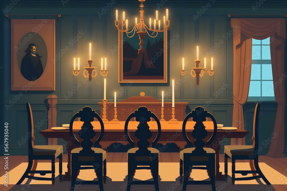 classic Renaissance-style dining room, with a large wooden table ...