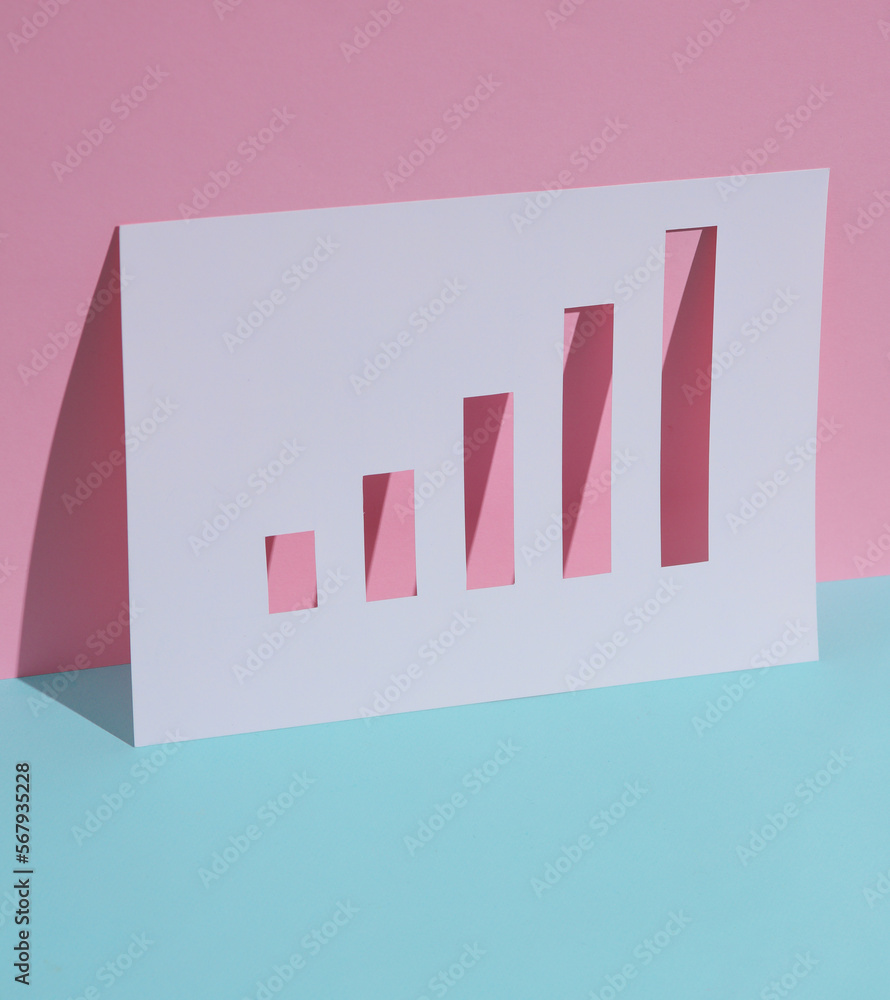 Paper-cut chart bars on blue-pink pastel background. Creative business ...