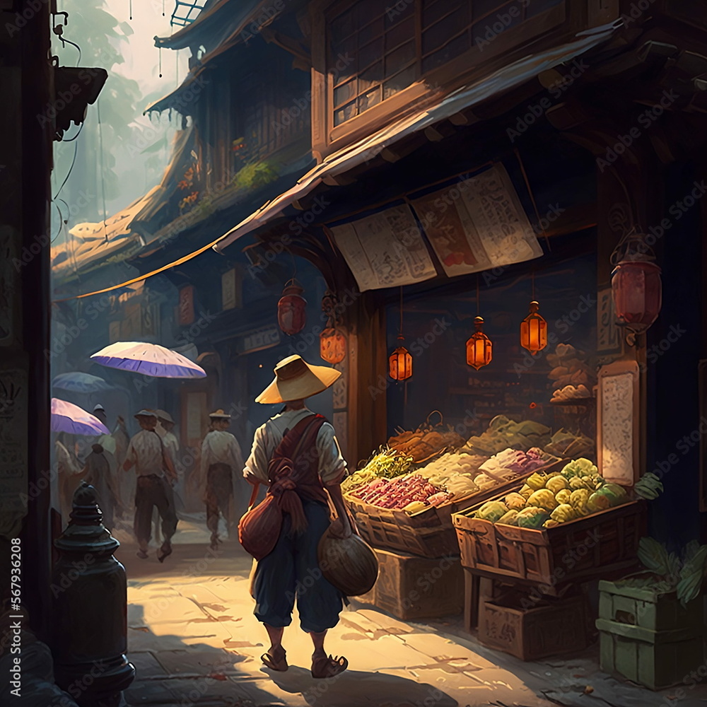 Ancient of market street in the noon illustration. Vintage market ...