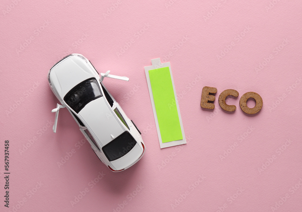 Electro car. Car and battery with a full charge level, word eco on a ...