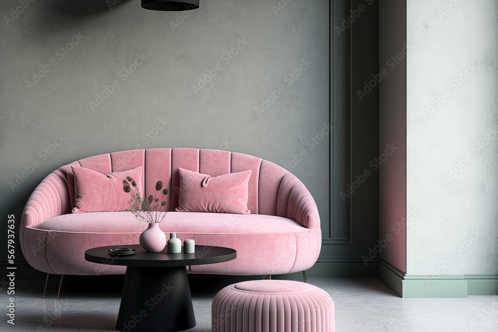 Living room lounge with a small sofa in pink rose velor colour. Plaster ...