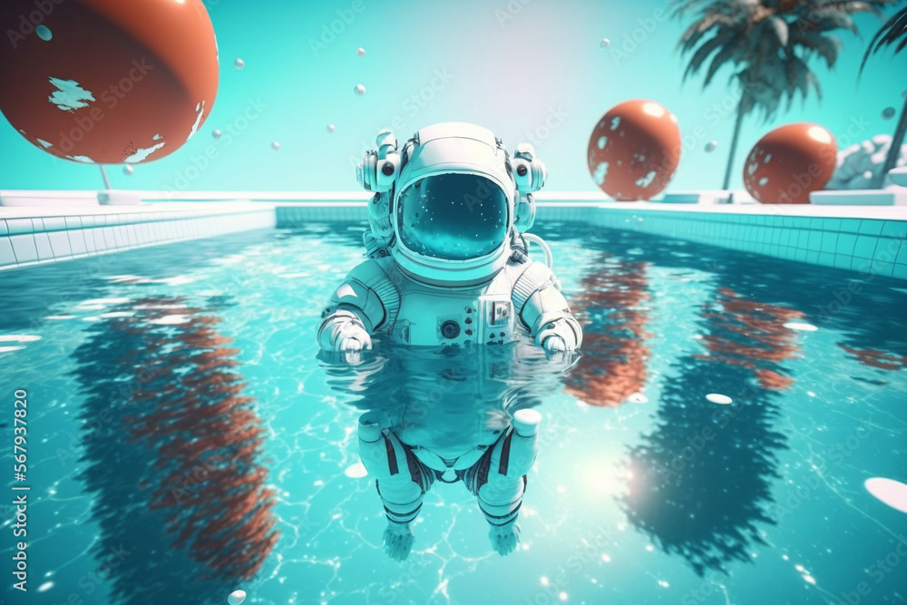 Pool party with astronaut splashing around, summer scene. Generative AI ...