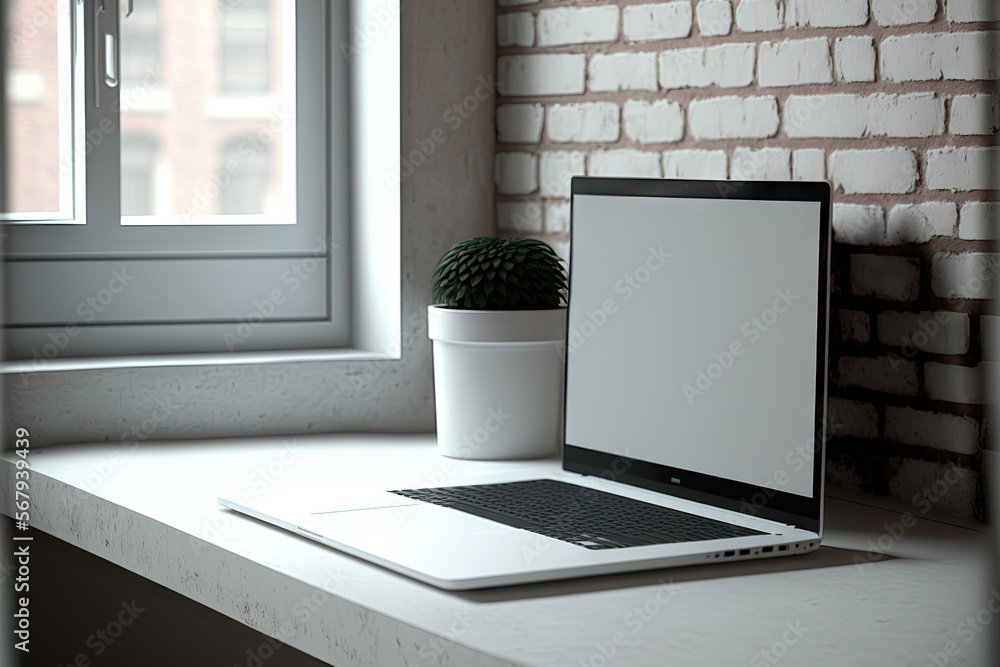 Close up of a modern workspace with a mockup of an open laptop screen ...