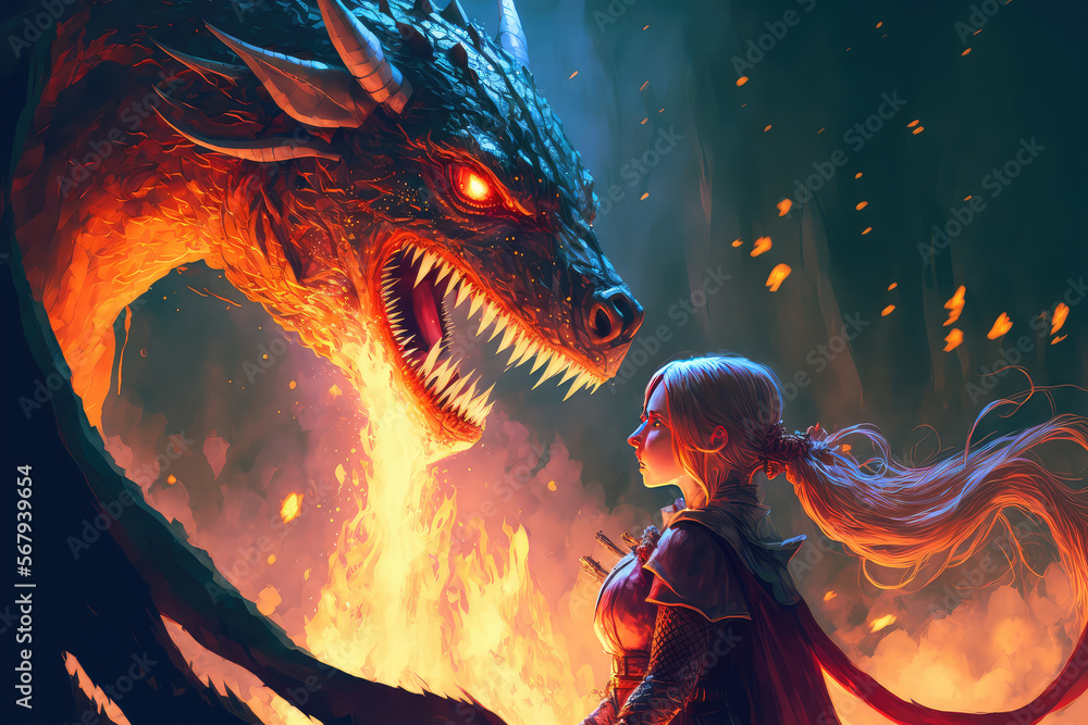 illustration painting of fantasy scene showing the girl fighting the ...