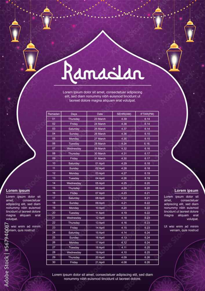 Ramadan kareem islamic calendar template and sehri ifter time schedule ...