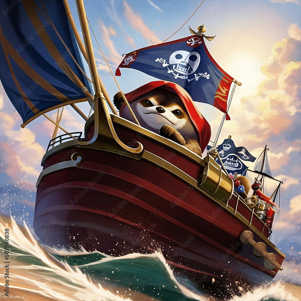 cheerful pirate sloth, with a team, taking selfies, racing across the ...