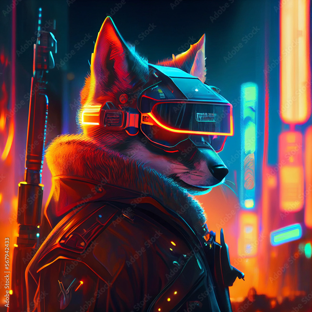Fox Robot Wearing Modern Steel Uniform and Wear Vr Glasses Cyberpunk ...