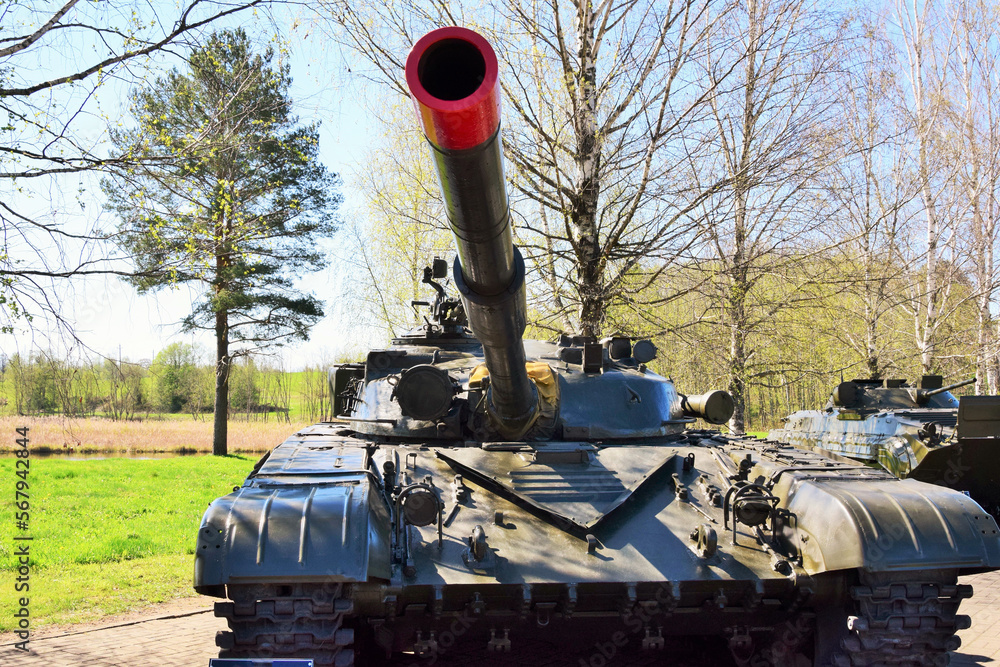 Flame arrester of a tank gun close-up against a blue sky Stock Photo ...