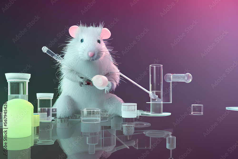 scientist in laboratory with test tubes, a render of a cute fuzzy pet ...