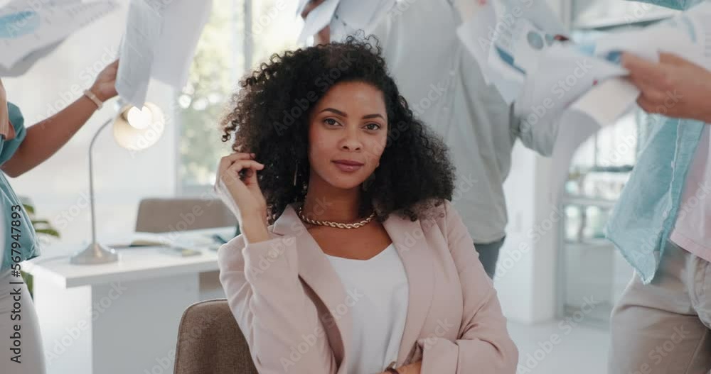 Black woman, boss and office with paper fan, team or hands with serious ...
