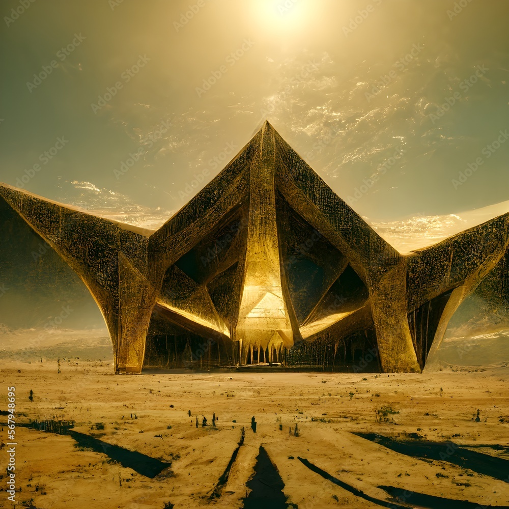 brass symmetrical megastructure in the desert octane render 8k wide ...