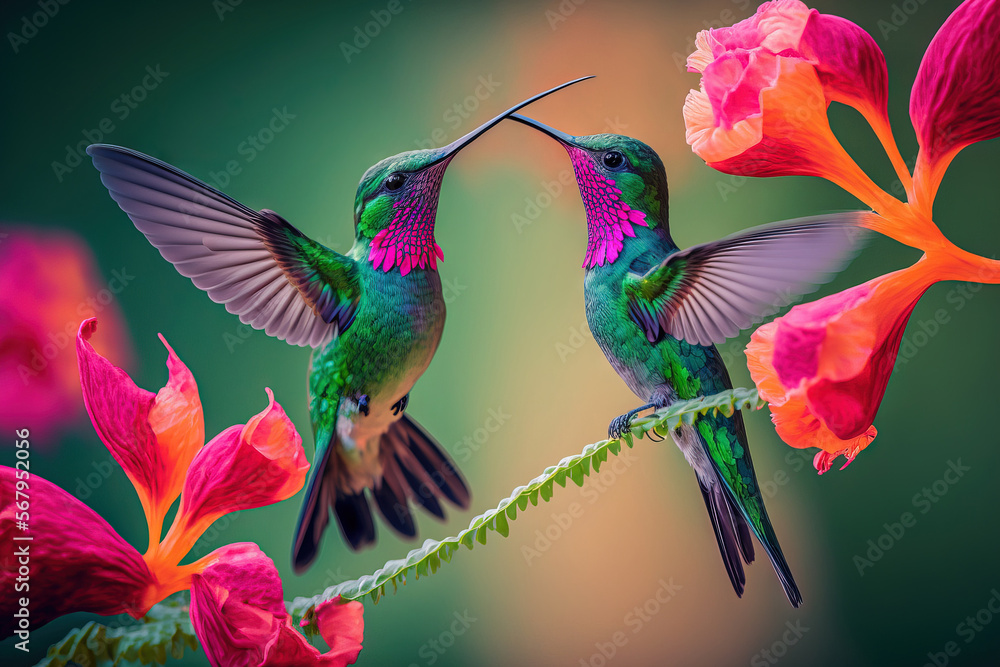 Hummingbirds in pairs and a pink flower. Hummingbirds with fiery ...