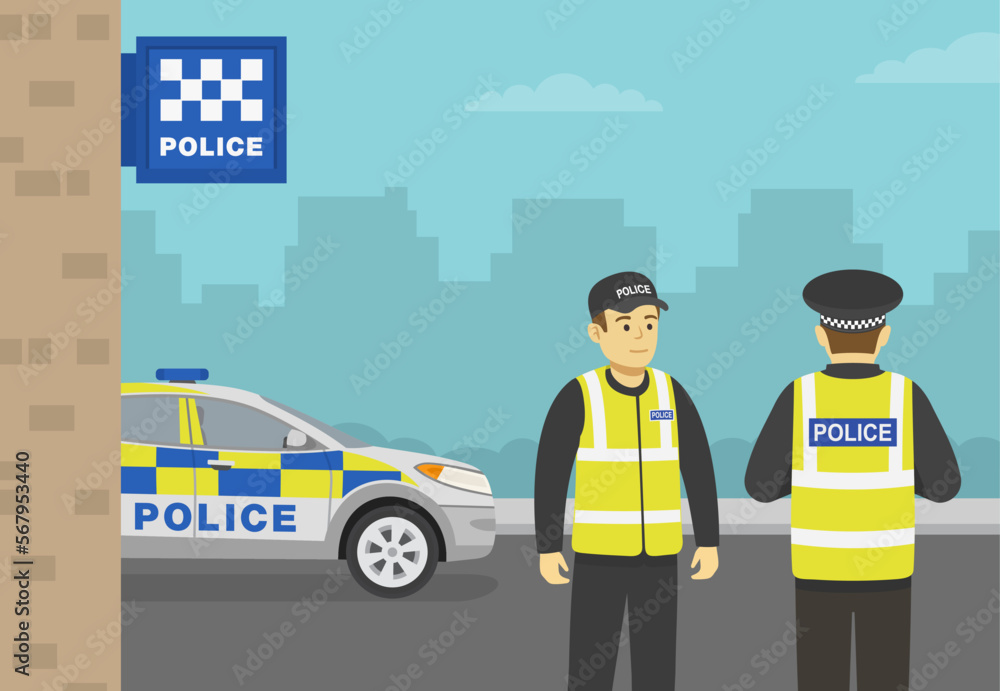 British traffic police officers talking beside police station. Close-up ...