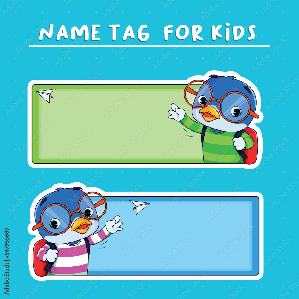 vector cartoon illustration with colorful cute bird for kid name tag ...